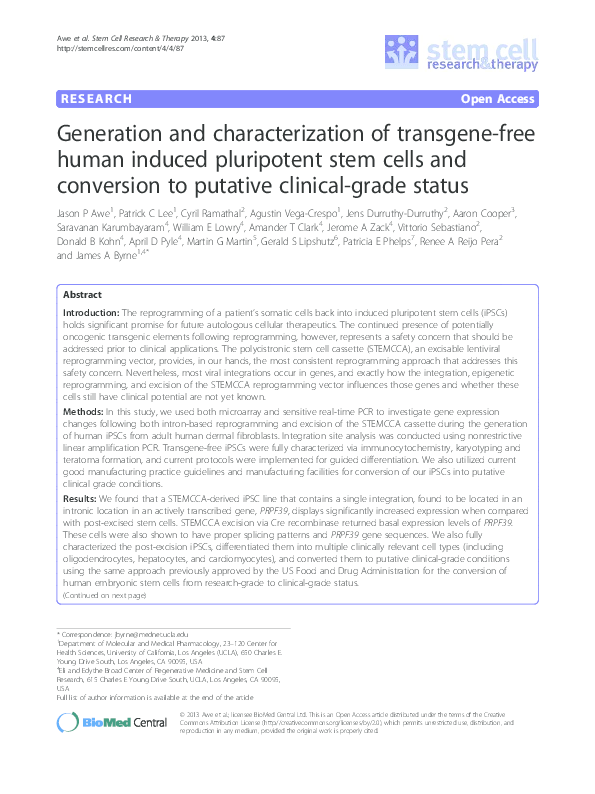 (PDF) Generation and characterization of transgene-free human induced pluripotent stem cells and ...