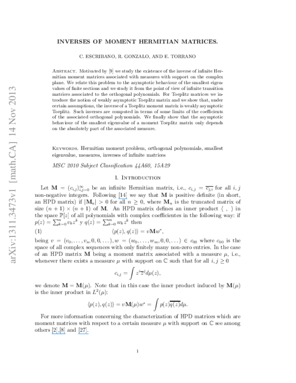 (PDF) Inverses of moment Hermitian matrices