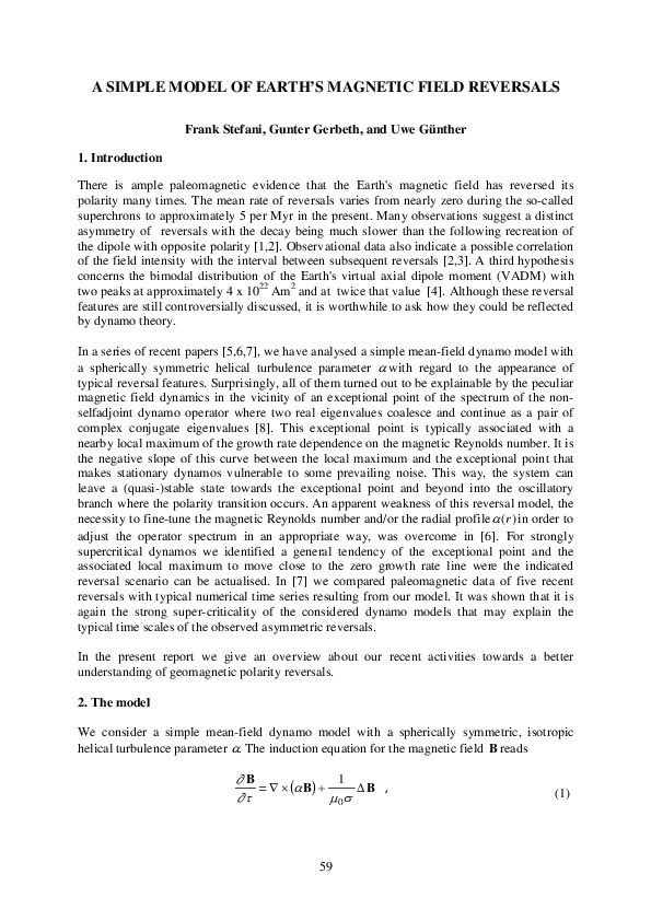 (PDF) A SIMPLE MODEL OF EARTH'S MAGNETIC FIELD REVERSALS