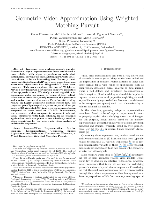 (PDF) Geometric Video Approximation Using Weighted Matching Pursuit | Gianluca Monaci - Academia.edu