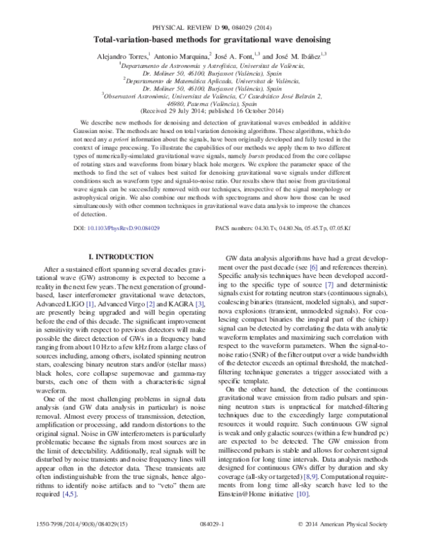 (PDF) Total-variation-based methods for gravitational wave denoising