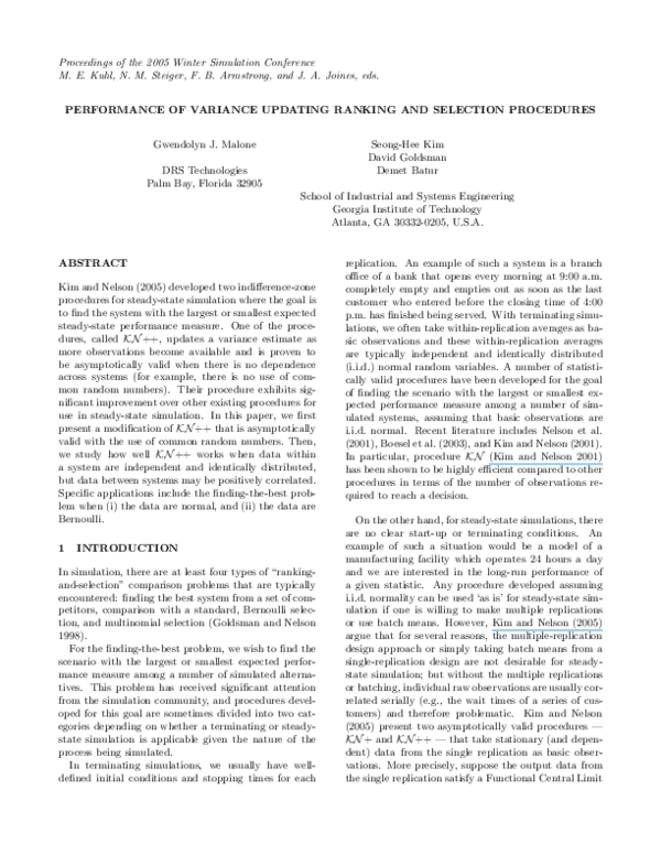Pdf Performance Of Variance Updating Ranking And Selection Procedures