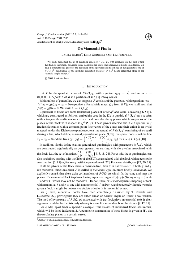 (PDF) On Monomial Flocks | Tim Penttila and Dina Ghinelli - Academia.edu