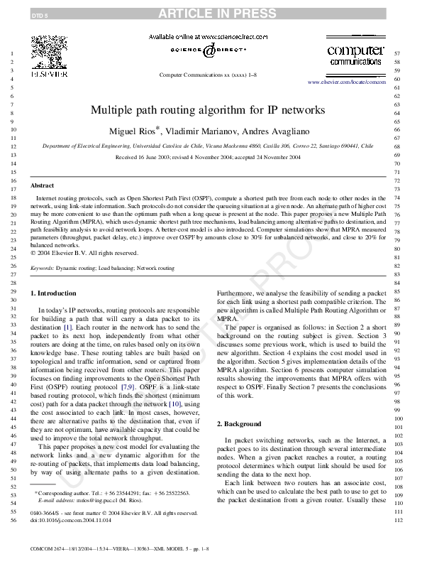 Pdf Multiple Path Routing Algorithm For Ip Networks