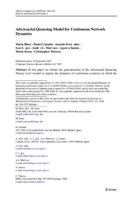 (PDF) Adversarial Queueing Model for Continuous Network Dynamics | Agustín Santos and Sergio ...