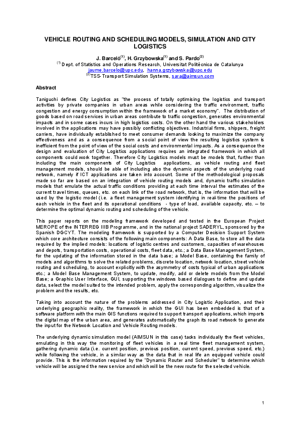 Pdf Vehicle Routing And Scheduling Models Simulation And City Logistics
