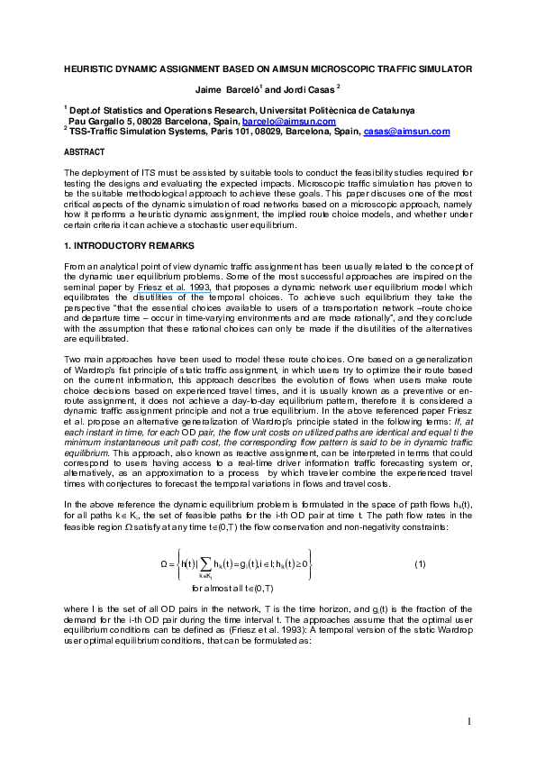 Pdf Stochastic Heuristic Dynamic Assignment Based On Aimsun