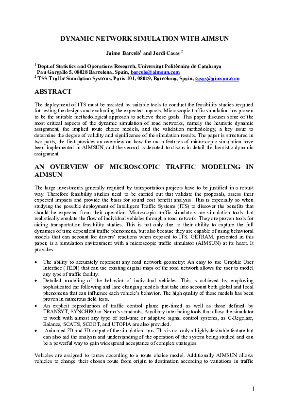 Pdf Dynamic Network Simulation With Aimsun