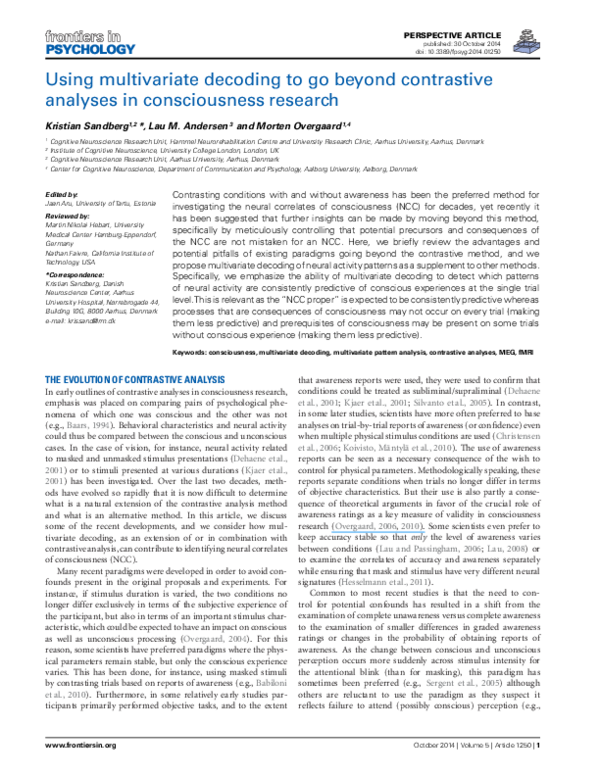(PDF) Using multivariate decoding to go beyond contrastive analyses in consciousness research