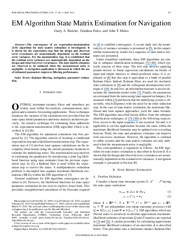 (PDF) EM Algorithm State Matrix Estimation for Navigation