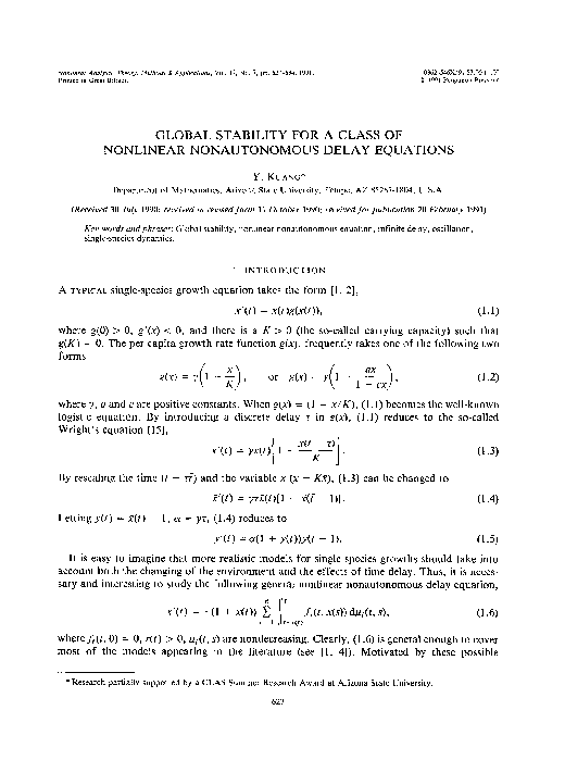 (PDF) Global stability for a class of nonlinear nonautonomous delay equations