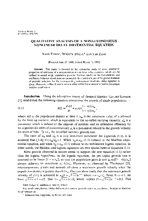 Pdf Qualitative Analysis Of A Nonautonomous Nonlinear Delay Differential Equation Yang Kuang