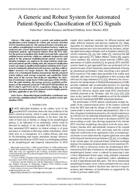 (PDF) A Generic and Robust System for Automated Patient-Specific Classification of ECG Signals