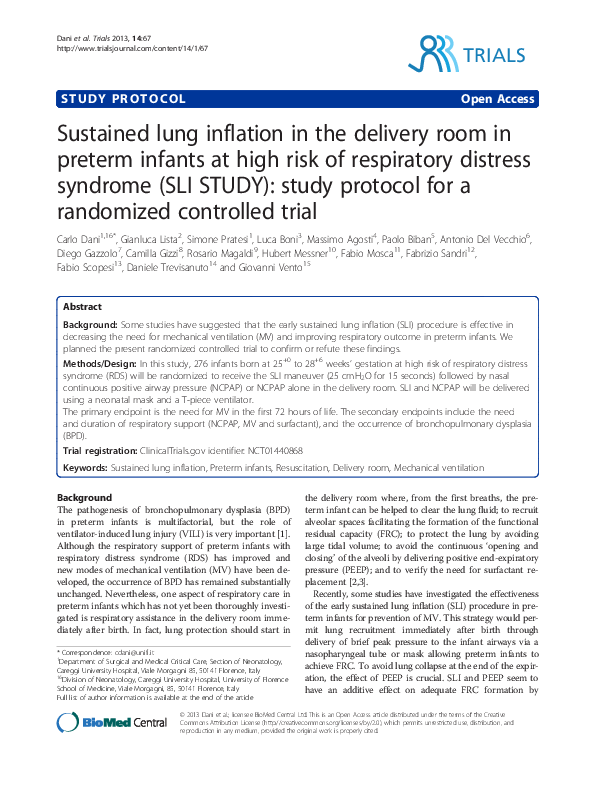 (PDF) Sustained lung inflation in the delivery room in preterm infants ...
