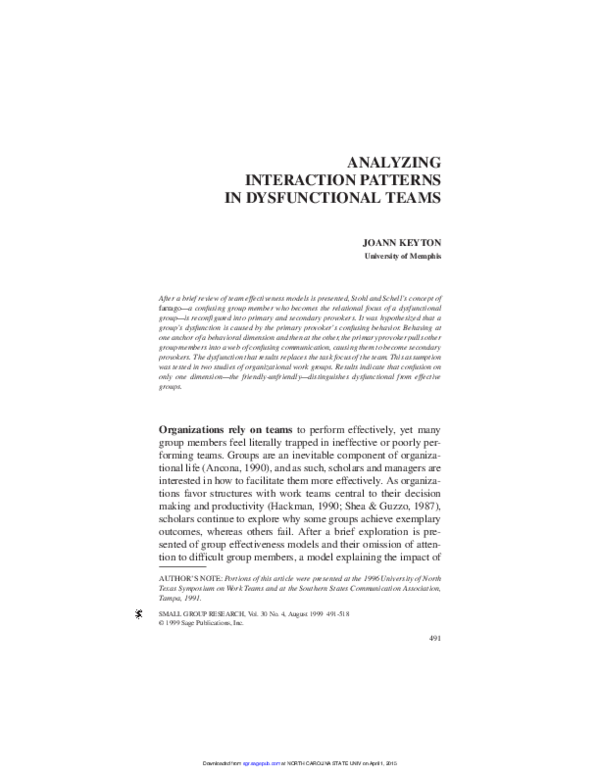 Pdf Analyzing Interaction Patterns In Dysfunctional Teams