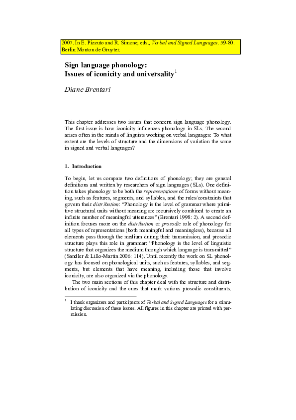 (PDF) Sign language phonology: Issues of iconicity and universality 1