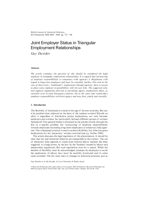 (PDF) Joint Employers Status in Triangular Employment Relationships