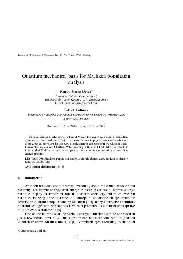 (PDF) Quantum Mechanical Basis for Mulliken Population Analysis