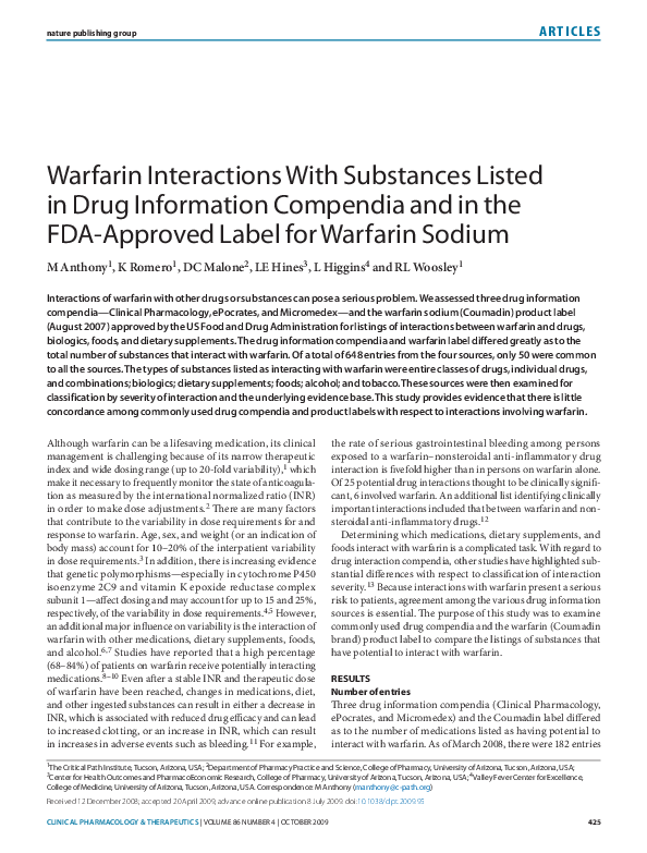 (PDF) Warfarin interactions with substances listed in drug information ...