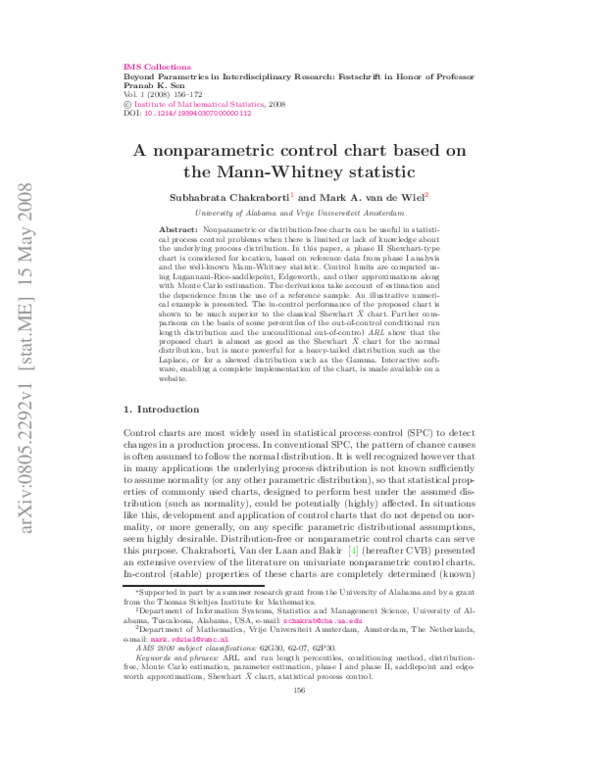 Pdf A Nonparametric Control Chart Based On The Mann Whitney Statistic