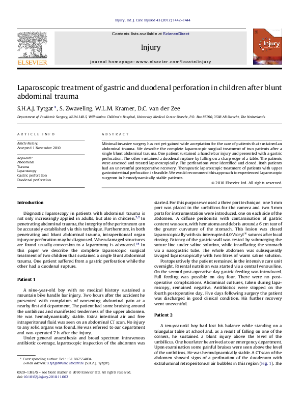 (PDF) Laparoscopic treatment of gastric and duodenal perforation in children after blunt ...