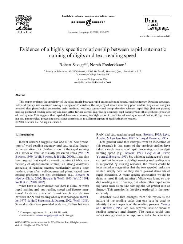 (PDF) Evidence of a highly specific relationship between rapid automatic naming of digits and ...