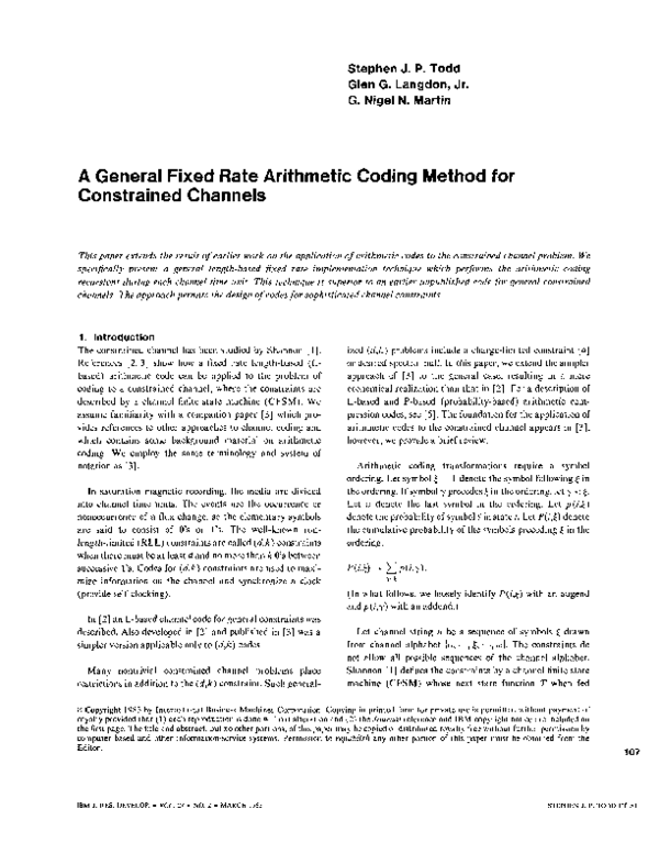 Pdf A General Fixed Rate Arithmetic Coding Method For Constrained