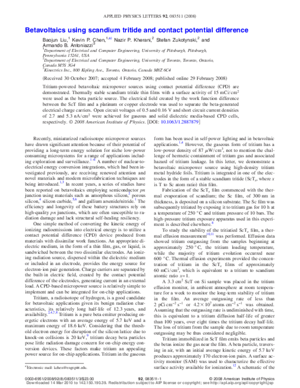 (PDF) Betavoltaics using scandium tritide and contact potential difference
