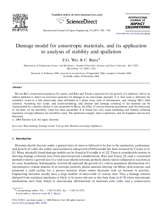 (PDF) Damage model for anisotropic materials, and its application to analysis of stability and ...