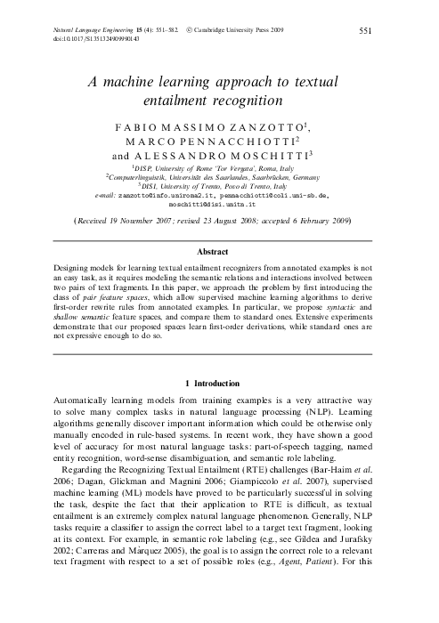 (PDF) A machine learning approach to textual entailment recognition