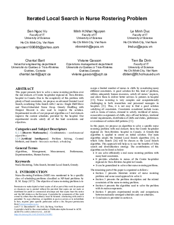 (PDF) ILS in Nurse Rostering Problem | Minh Nguyen - Academia.edu