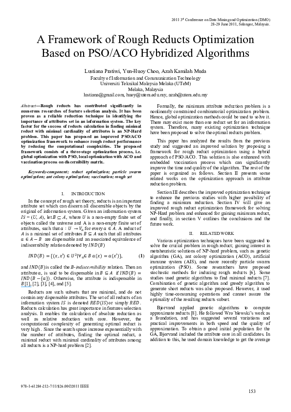 Pdf A Framework Of Rough Reducts Optimization Based On Psoaco Hybridized Algorithms