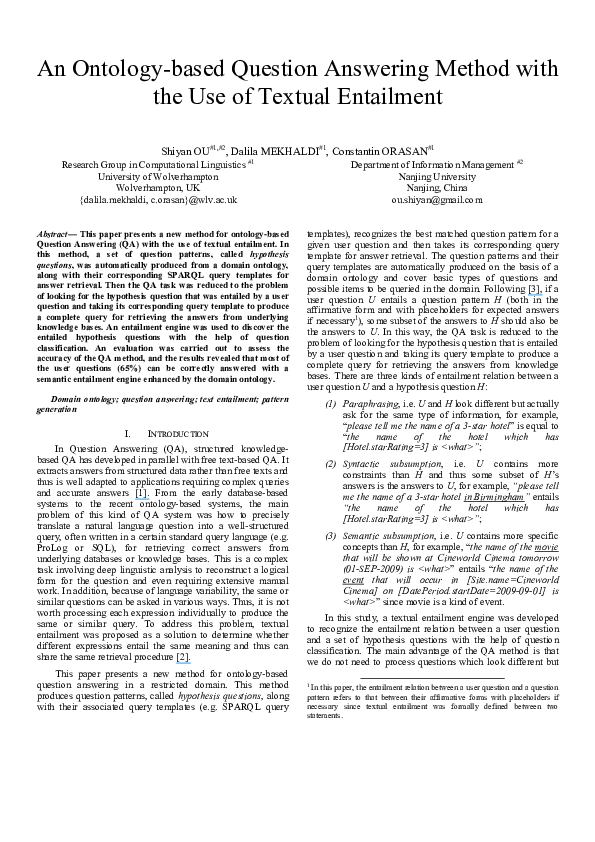 (PDF) An ontology-based question answering method with the use of textual entailment