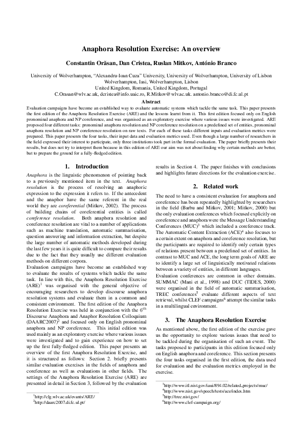 (PDF) Anaphora resolution exercise: An overview