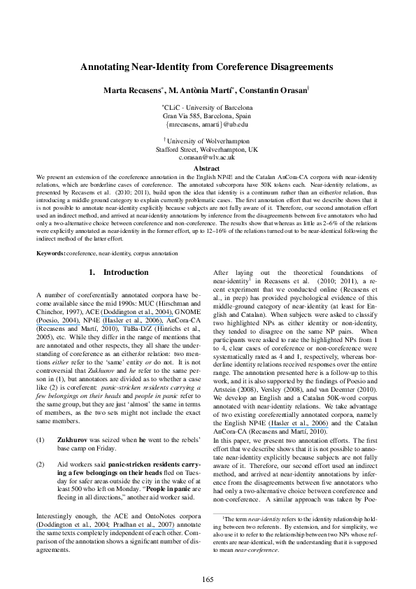 Pdf Annotating Near Identity From Coreference Disagreements Constantin Orasan And Marta