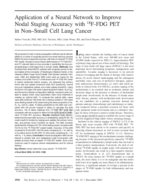 (PDF) Application of a neural network to improve nodal staging accuracy with 18F-FDG PET in non ...