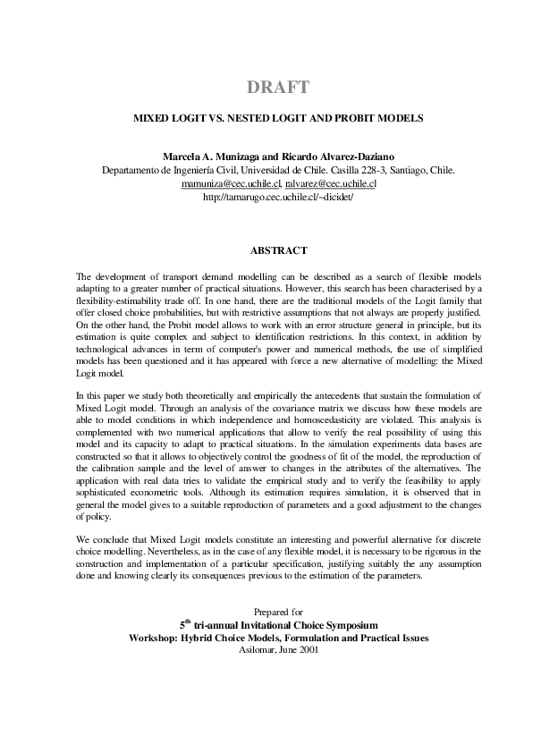 Pdf Mixed Logit Vs Nested Logit And Probit Models
