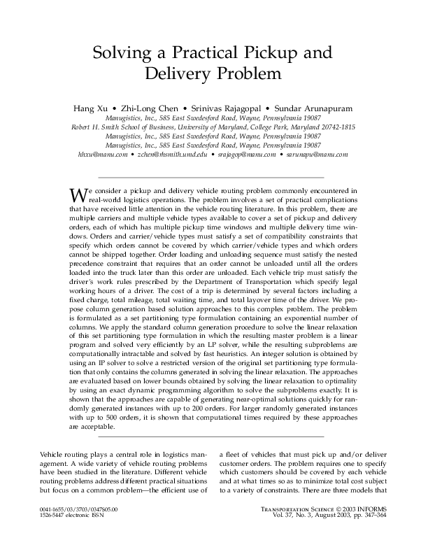 (PDF) Solving a Practical Pickup and Delivery Problem