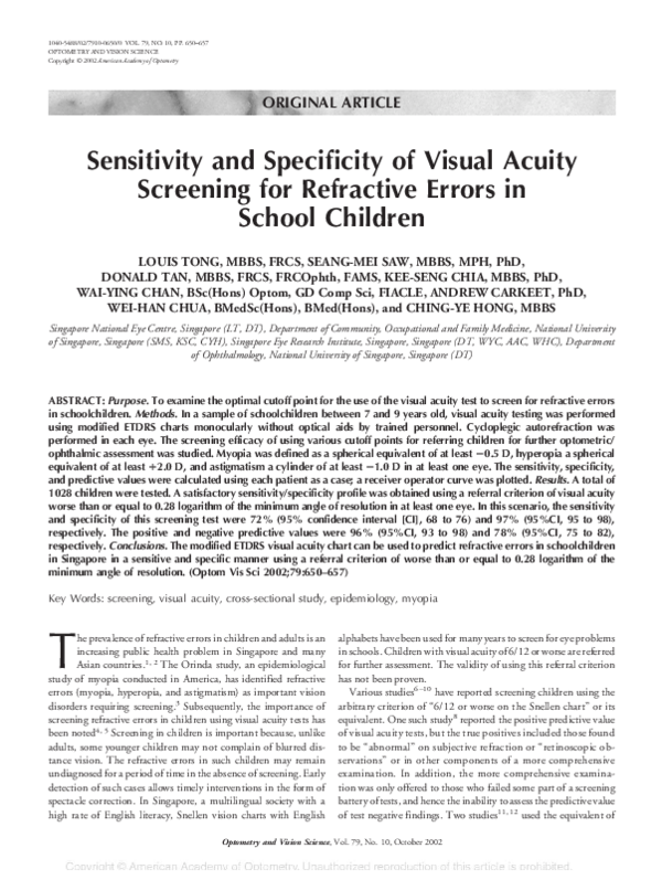 (PDF) Sensitivity and specificity of visual acuity screening for ...