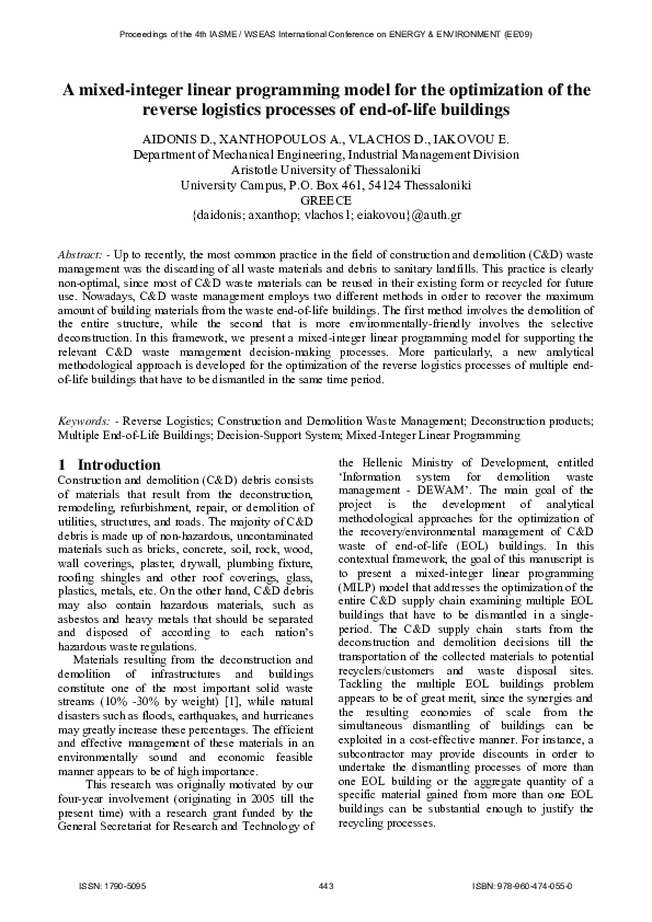 Pdf A Mixed Integer Linear Programming Model For The Optimization Of