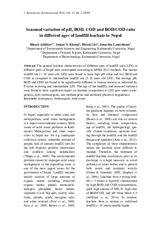 (PDF) Seasonal variation of pH, BOD, COD and BOD/COD ratio in different ages of landfill ...