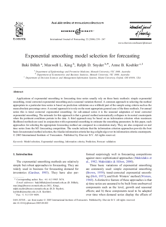 (PDF) Exponential smoothing model selection for forecasting