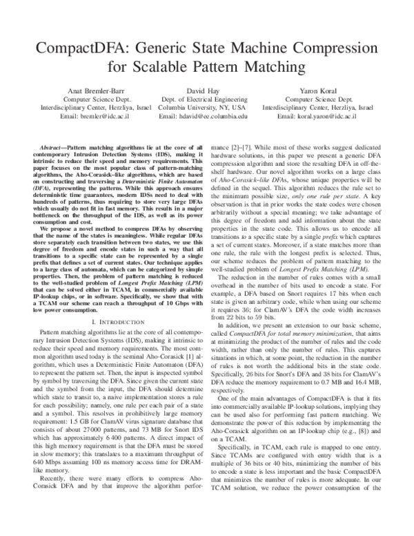 (PDF) CompactDFA: Generic State Machine Compression for Scalable Pattern Matching