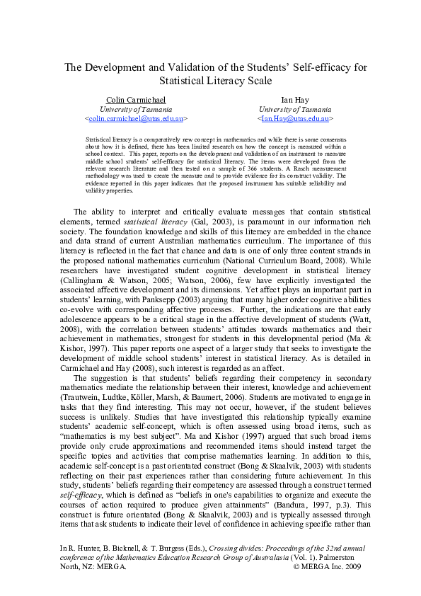 (PDF) The Development and Validation of the Students' Self-efficacy for Statistical Literacy Scale