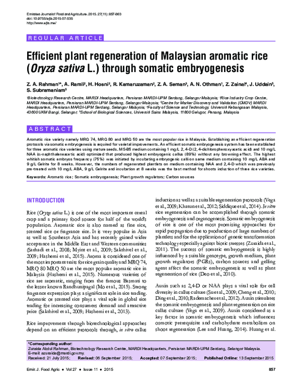(PDF) Efficient plant regeneration of Malaysian aromatic rice (Oryza ...