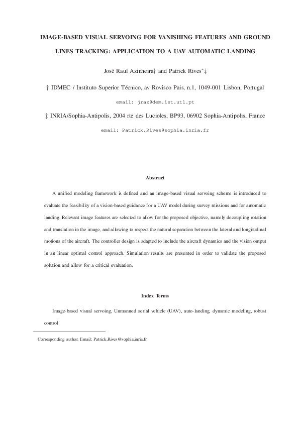 (PDF) Output based Observation and Control for Visual Servoing of VTOL UAV's | R. Mahony ...