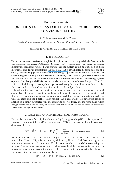 (PDF) ON THE STATIC INSTABILITY OF FLEXIBLE PIPES CONVEYING FLUID