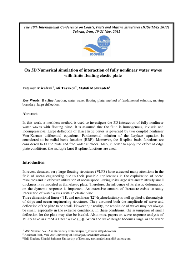 Pdf On 3d Numerical Simulation Of Interaction Of Fully Nonlinear Water Waves With Finite