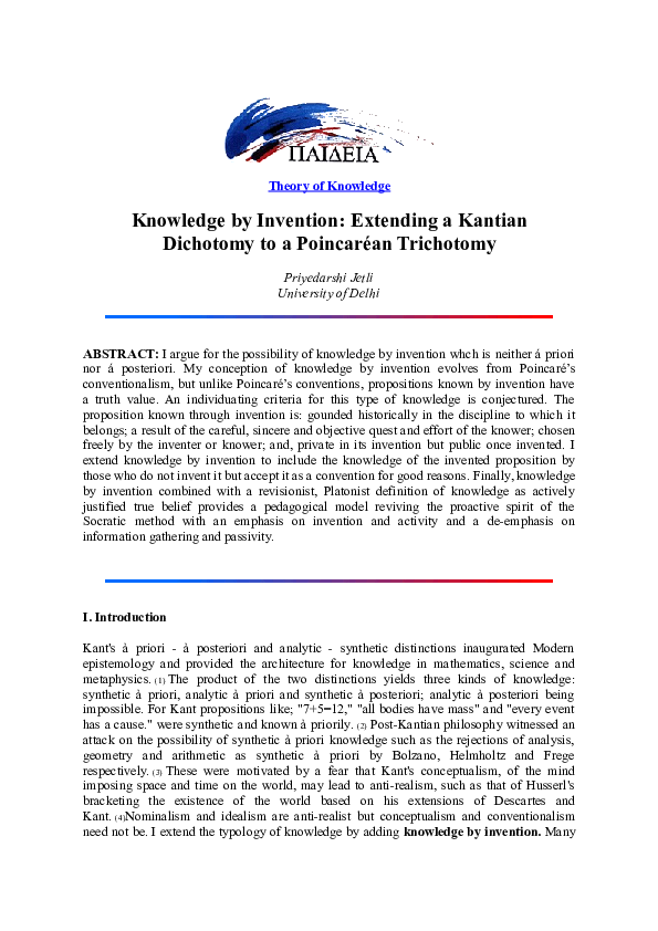 (DOC) Knowledge by Invention: Extending a Kantian Dichotomy to a ...