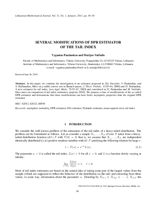 Pdf Several Modifications Of Dpr Estimator Of The Tail Index